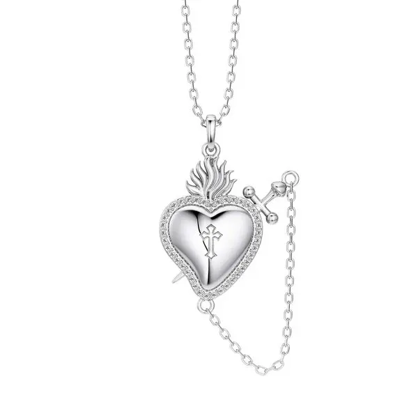 VANIMY Flaming Heart With Dagger Pendant Necklace - Silver