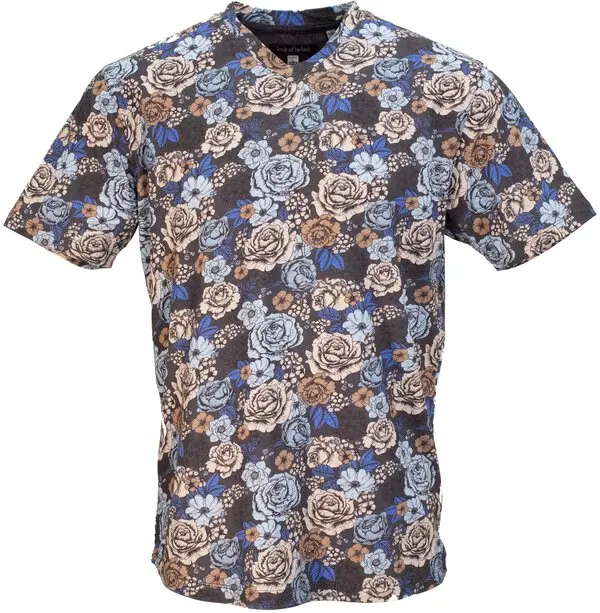 LORDS OF HARLECH Neutrals / Black / Blue Maze Everything Roses V-neck Tee In Coal - Black/blue