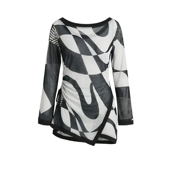 SEROTONE SWIM Asymmetric Geometric Print Mesh Dress - Black