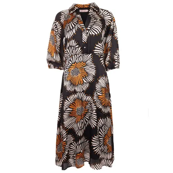 TRAFFIC PEOPLE Floral Fusion Midi Dress - Orange/black/white
