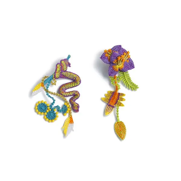 NANA WATANABE Garden Snake Floral Embroidered Earrings - Purple