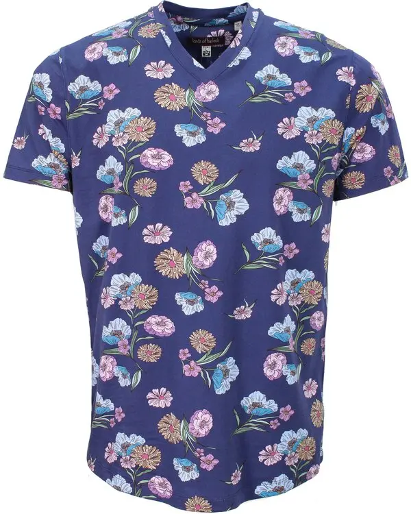 LORDS OF HARLECH Maze Spaced Floral V-neck Tee Navy - Blue