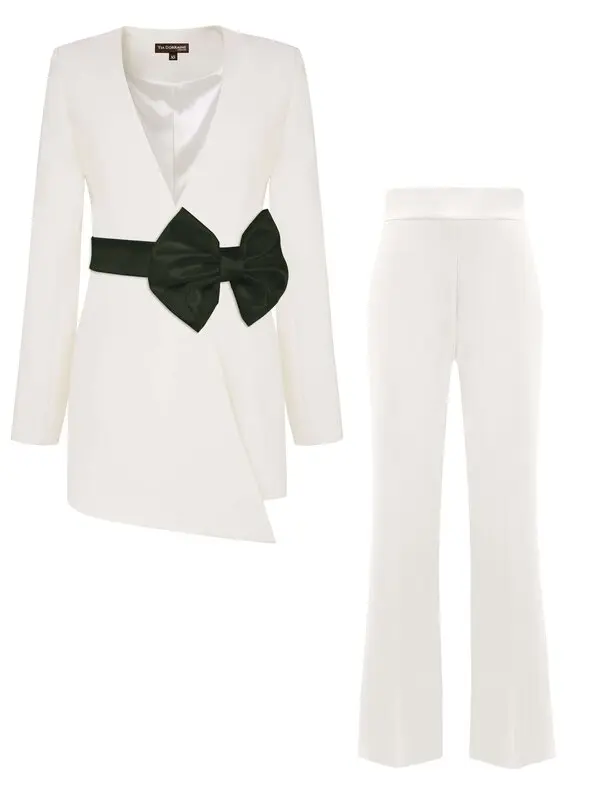 TIA DORRAINE Power Suit With Satin Bow Belt - Black/white