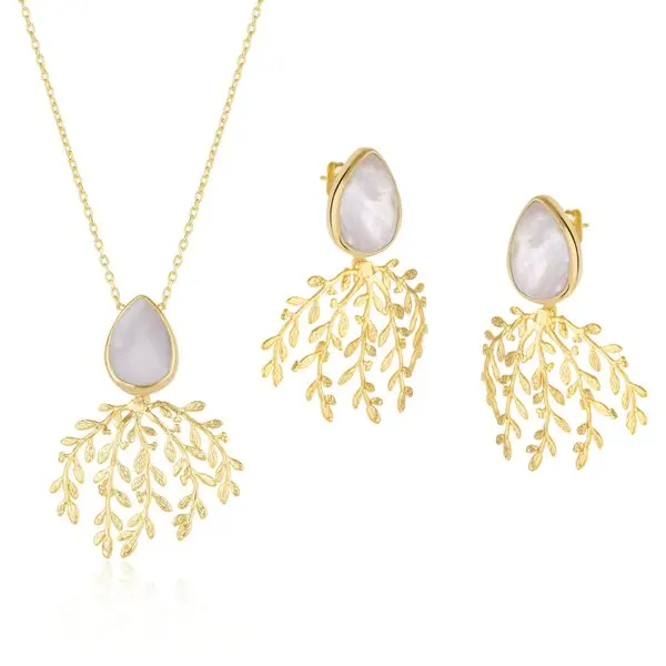 SPERO LONDON Olive Branch Sterling Silver Earring And Necklace Set - Gold/white