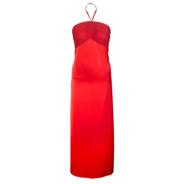 CHIARELLA Strapless Satin Midi Dress With Chiffon Shawl