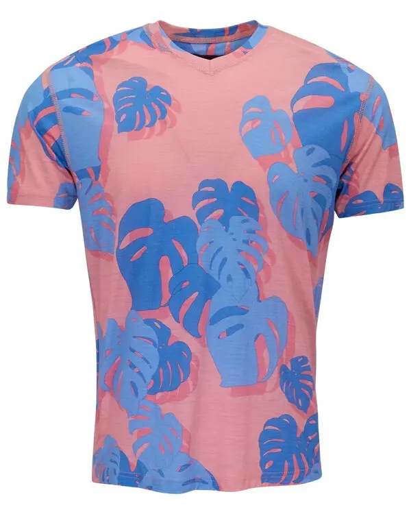LORDS OF HARLECH Victor Monstera Floral Coral Wool Vneck Tee