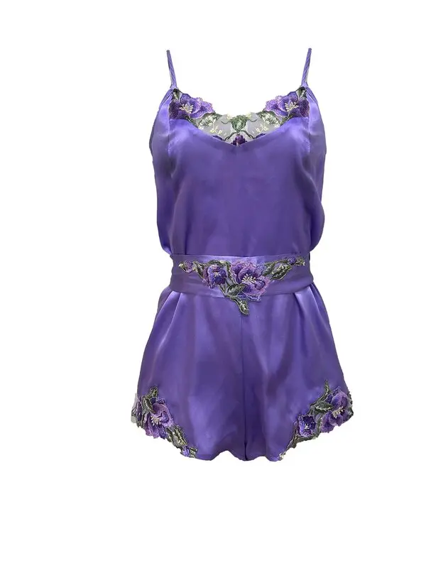 CAROL COELHO Silk Satin Embroidered Romper With Applique - Purple