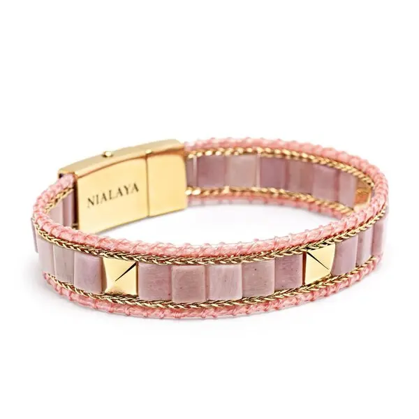 NIALAYA JEWELRY Rhodonite Studded Bracelet - Pink/gold
