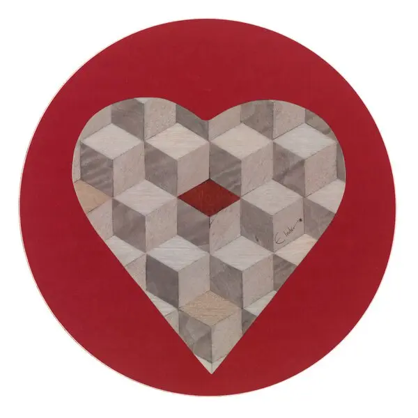 E. INDER DESIGNS Set Of Six Placemats In Heart Design With Border In Luxe High Gloss Melamine. Heat Resistant. Ten Inch Diameter Please Measure Plate Before Purchase - Red