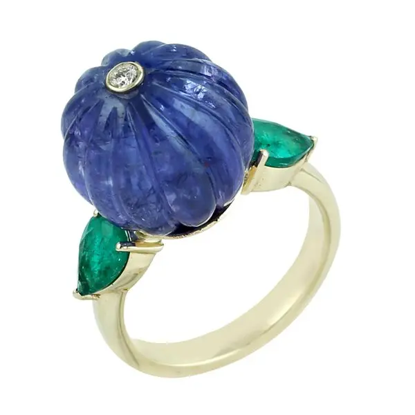 ARTISAN Carved Tanzanite, Emerald, And Diamond Ring - Yellow