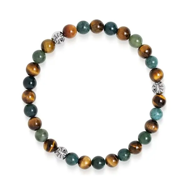 NIALAYA JEWELRY 6mm Tiger Eye And Aquatic Agate Bead Bracelet With Stainless Steel Balls - Gray