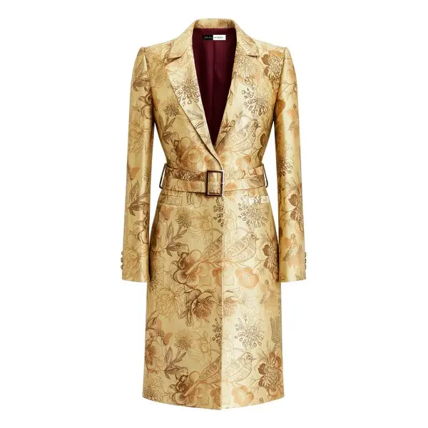 RICHA SHARMA Floral Jacquard Belted Coat - Gold/brown
