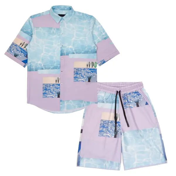 MYSIMPLICATED Short Sleeve Shirt And Bermuda Set With Water Design - Blue/purple