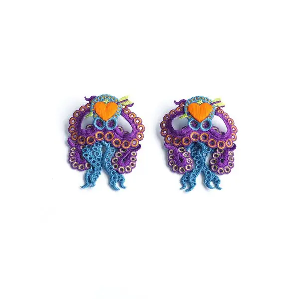 NANA WATANABE Arrow & Octopus Embroidered Earrings - Purple