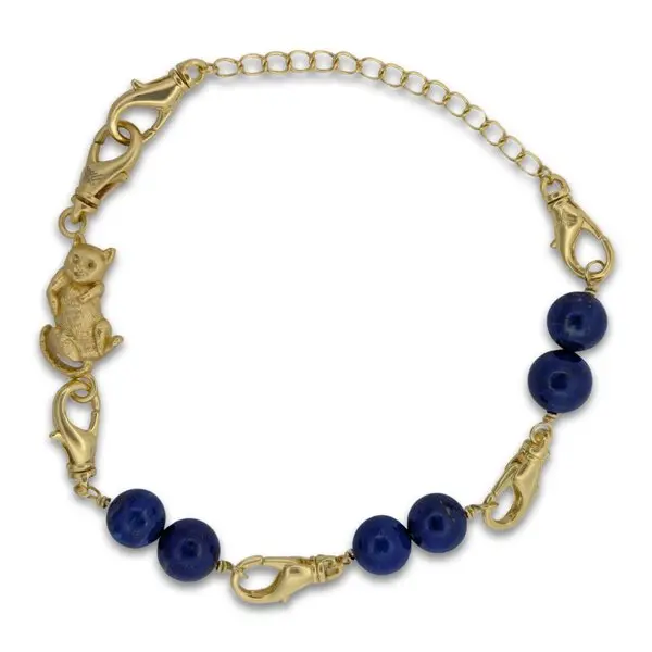 FRENVYRN Convertible Cat Charm Bracelet With Lapis Lazuli Gemstone Beads - Gold/blue