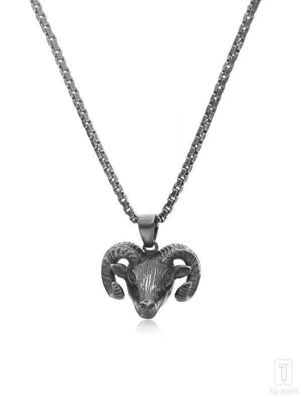 THE JEWELZ Oxidised Silver Ram Head Pendant Necklace - Black/grey/silver