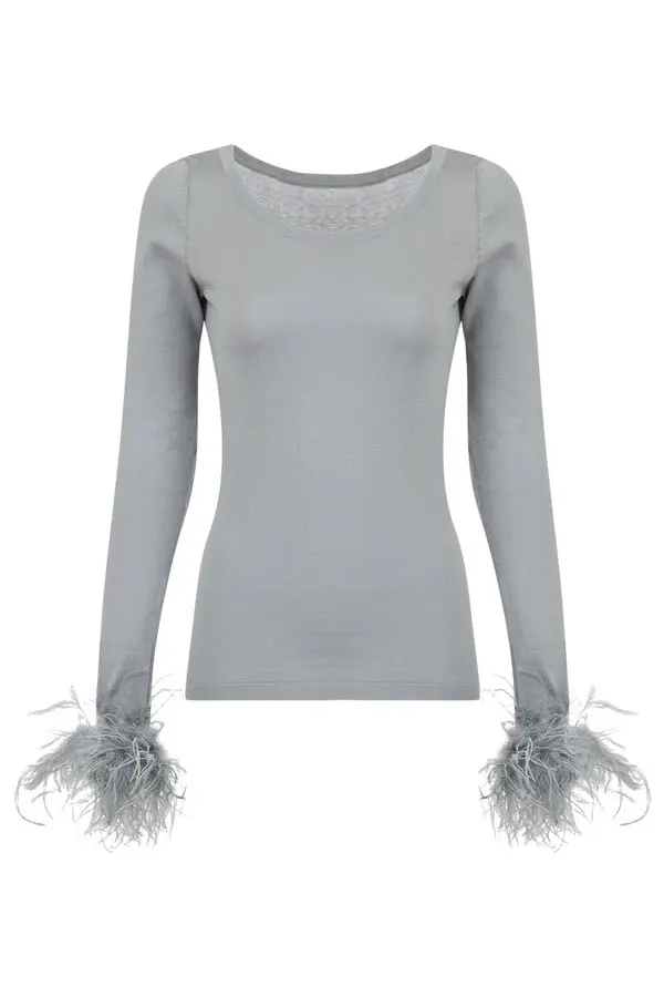 ANDREEVA Long Sleeve Knit Top With Feather Trim