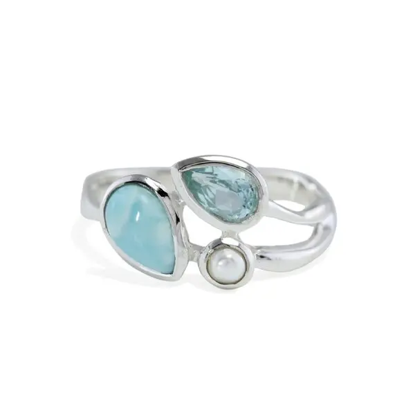 ISLA SILVER Larimar, Blue Topaz & Freshwater Pearl Ring - Blue/silver