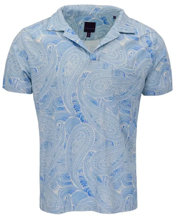 LORDS OF HARLECH Bobby Marakesh Paisley Teal Wool Johnny Collar Polo - Blue