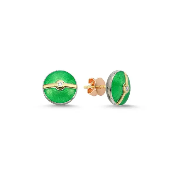 ECCE ARTISAN DIAMONDS Enamelled Mini Multi Diamond Buttons 14k Yellow Gold Earrings - Green