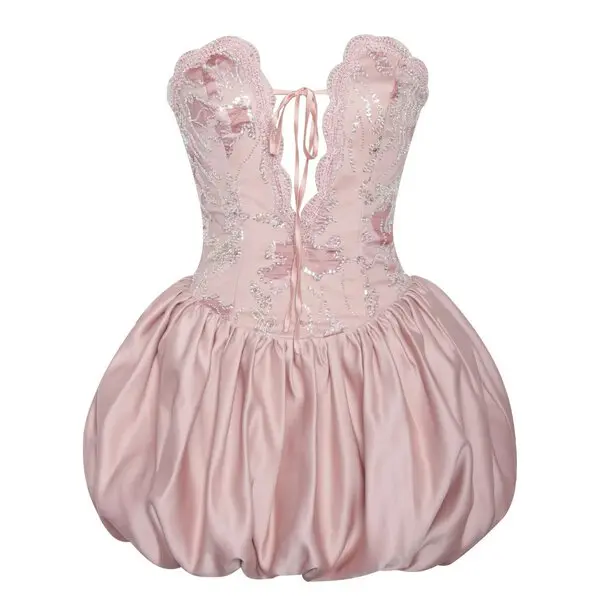 MISS CIRCLE NEW YORK Embroidered Bubble Hem Mini Dress - Pink