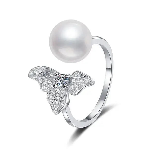 ANGEL BAROCCO Clover Pearl & Moissanite Adjustable Ring - Silver