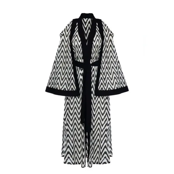 WOMEN & WOMEN Knitted Patterned Kimono With Belt - White/black