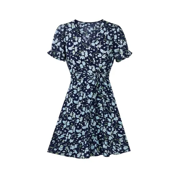 YUMI Floral Skater Wrap Dress - Blue