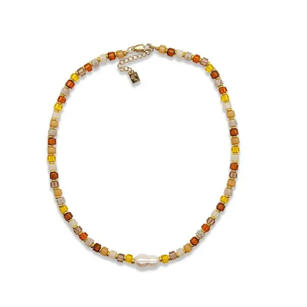 TOOLALLY Beaded Necklace With Pearl And Acrylic Discs - Gold/orange/brown