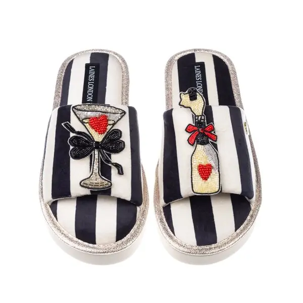 LAINES LONDON Flatform Stripe Slippers With Champagne Brooches - Black/white