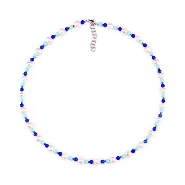 MINERALGEMS ✩ STUDIO Freshwater Pearl, Turquoise, And Lapis Lazuli Bead Necklace - Blue/white