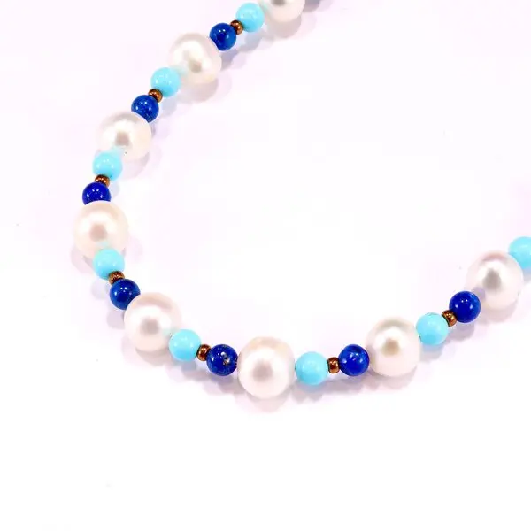 MINERALGEMS ✩ STUDIO Freshwater Pearl, Turquoise, And Lapis Lazuli Bead Necklace - Blue/white
