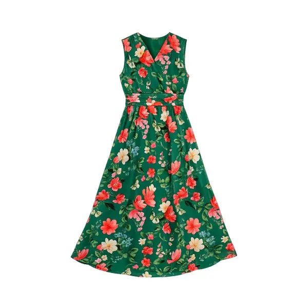 YUMI Blurred Floral Print Mesh Stretch Midi Dress With Pockets - Green