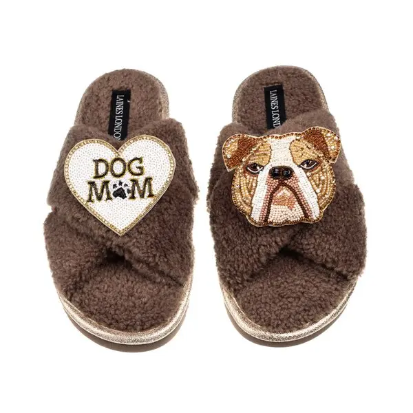 LAINES LONDON Boucle Slippers With Brooches - Brown