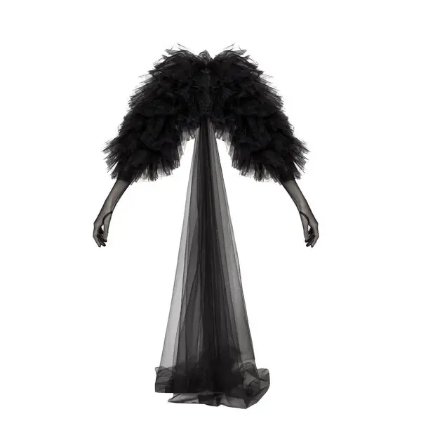 LIA ARAM Ruffle Glove Train Cape - Black