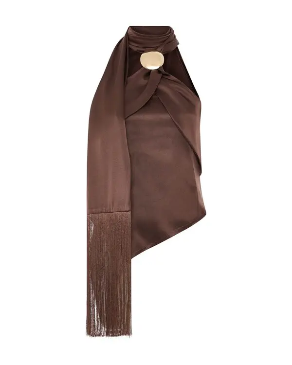 MAISON SEL Silk Satin Halter Top With Fringe Scarf - Brown