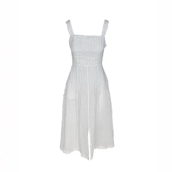 Haris Cotton Square Neck Striped Linen Tie Back Dress - Silver