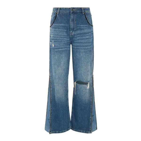 LIMAR Side-zip Sketch Print Wide Leg Denim Jeans