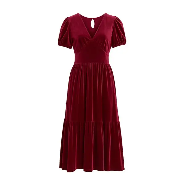 YUMI Velvet Midi Dress In Burgundy - Red