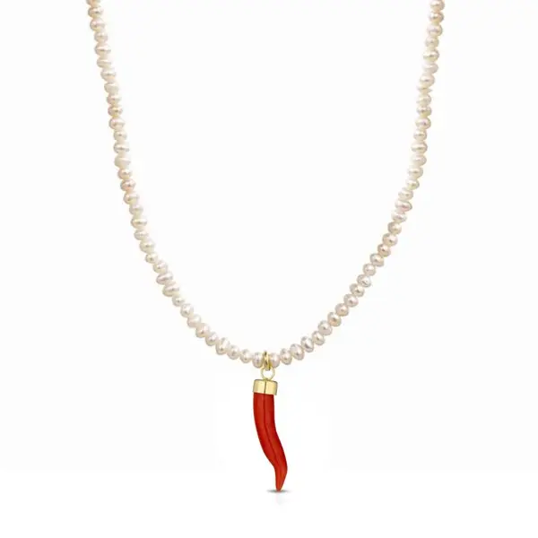 UNALOE Baroque Pearl Necklace With Coral Cornicello - Gold/white/red