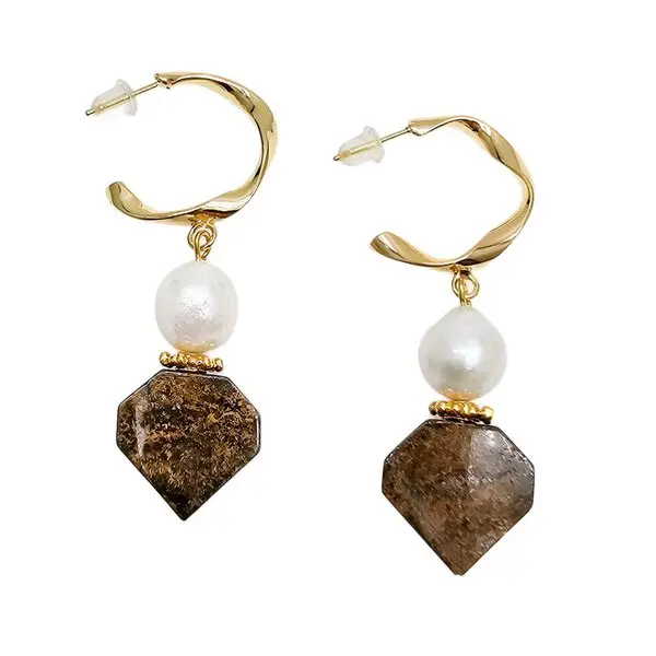 FARRA Geometric Tiger-eye Stone And Freshwater Pearls Earrings - Brown