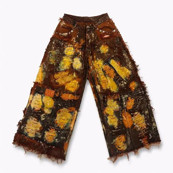 ZASTASTUDIO Upcycled Shredded Denim Wide Leg Pants - Gold/red