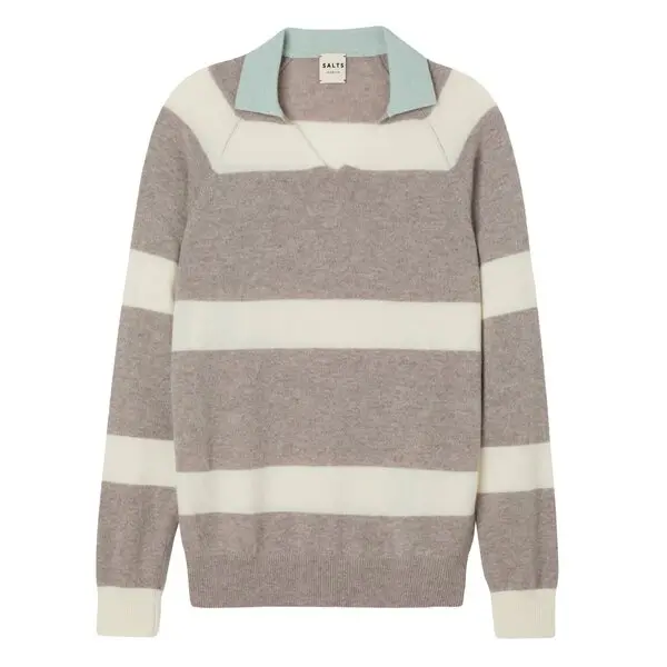 SALTS CASHMERE Split Neck Striped Cashmere Polo Sweater - White