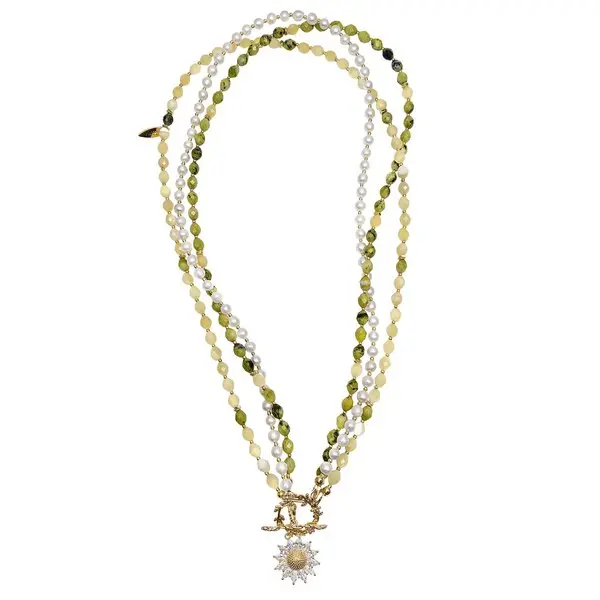 FARRA Daisy Pendant Gemstone And Pearl Layered Necklace - Green