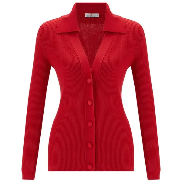 PERALUNA Polo V-neck Ribbed Knit Cardigan