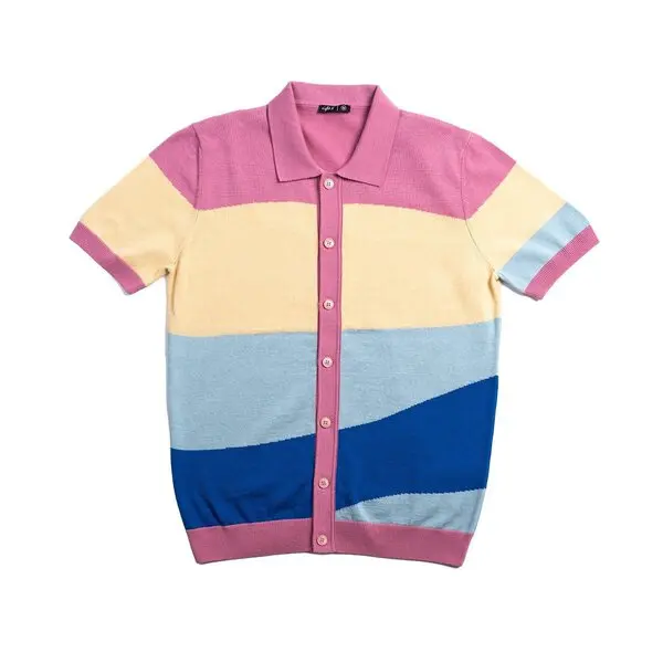 EIGHT X Blue / Pink Sierra Knit Short Sleeve Button-up Shirt Pink - Blue/pink