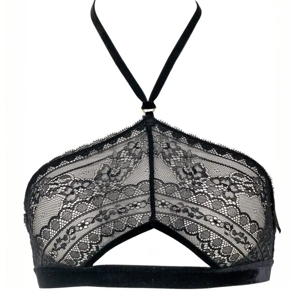 LES JUPONS DE TESS Leavers Lace, Velvet Ribbon Bandeau Bra Fatale - Black