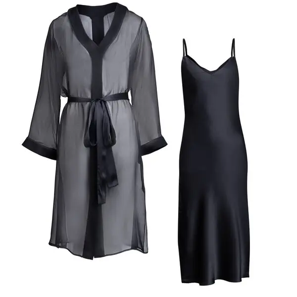 JE MÉRITE (I DESERVE) Silk Chiffon Nightdress & Silk Slip Dress Set - Black