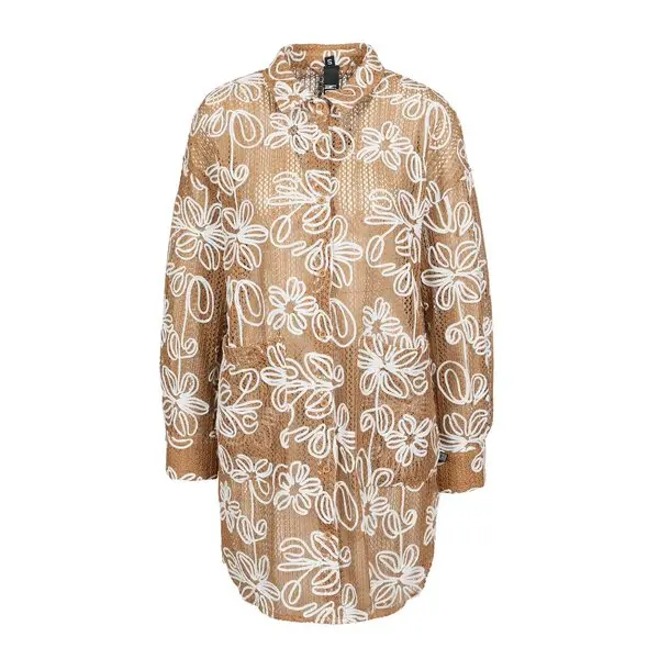 FREAKY NATION Floral Embroidered Mesh Long Jacket - Beige