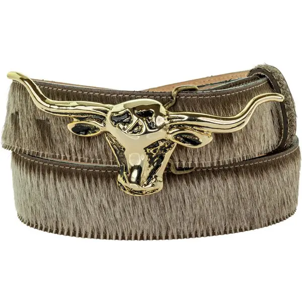 PEACHY BELTS LTD Brindle Cowhide Leather Belt With Gold Steers Head Buckle - Brown